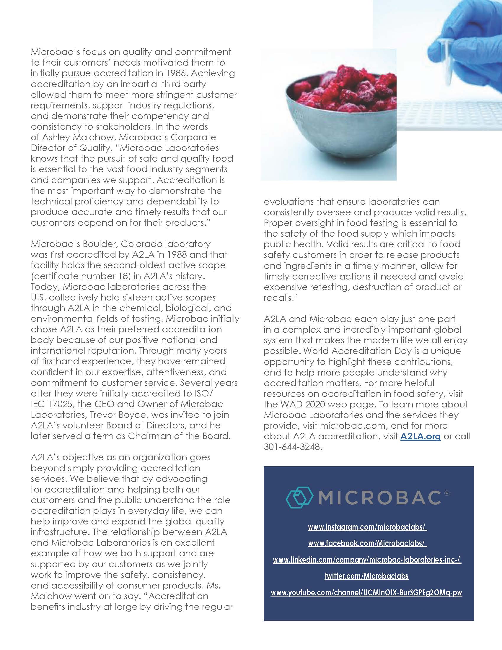 PRESS RELEASE: Microbac selected to partner with A2LA for World ...